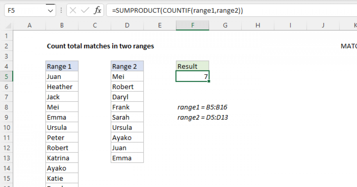 Count Total Matches In Two Ranges Excel Formula Exceljet